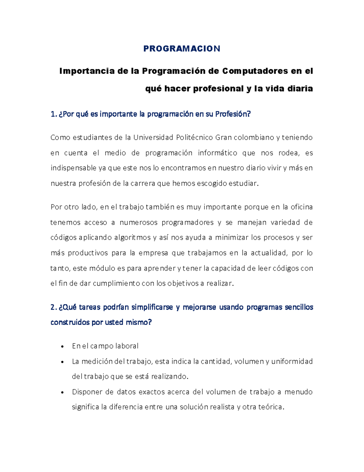 Trabajo Colaborativo - PROGRAMACION Importancia de la Programación de Computadores en el qué ...