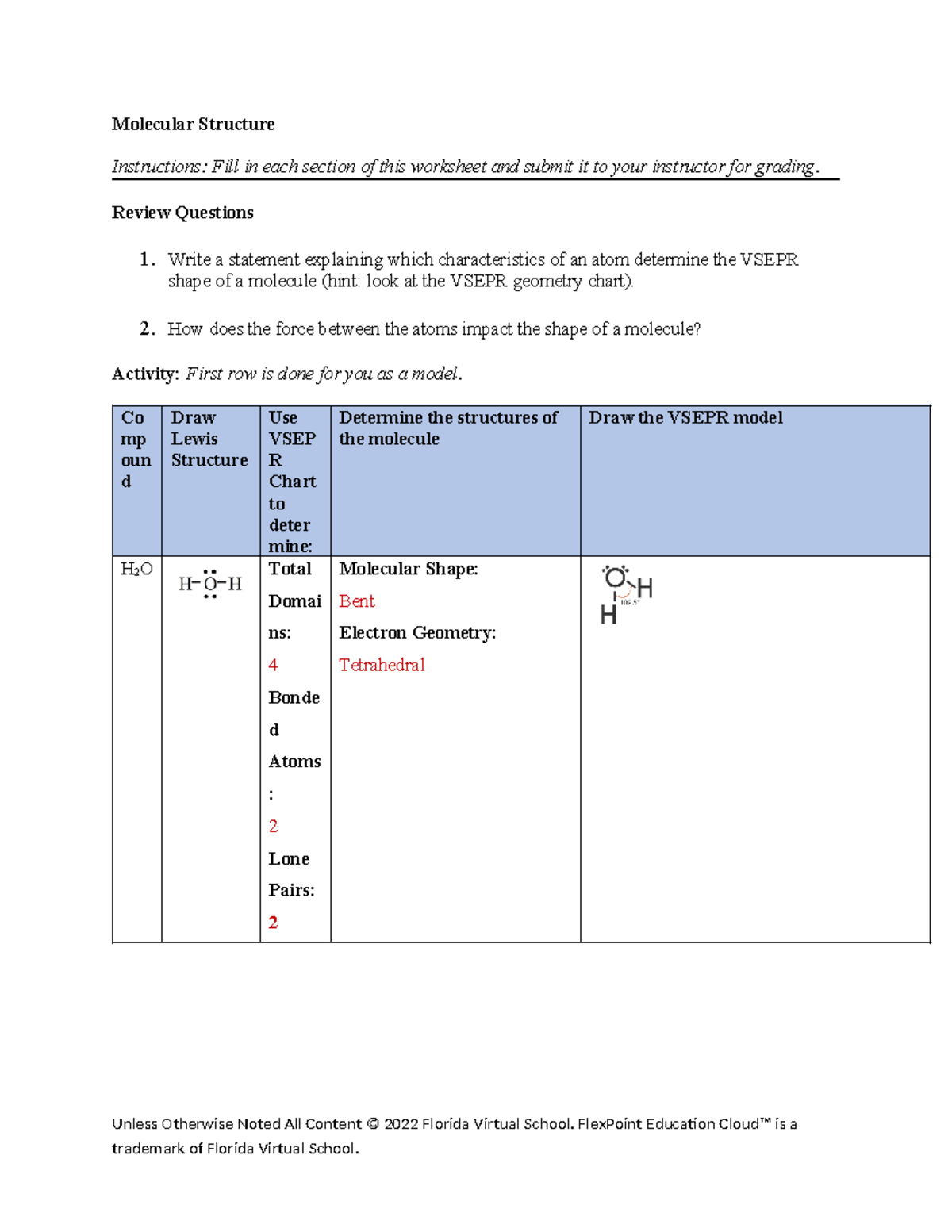 Molecular structure worksheet ( Correct) - Molecular Structure ...