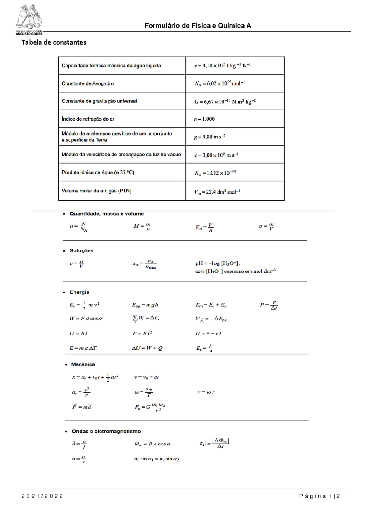Formulario 23 24 - efawefrcwaqefr - Física e Química A - Formulário de ...