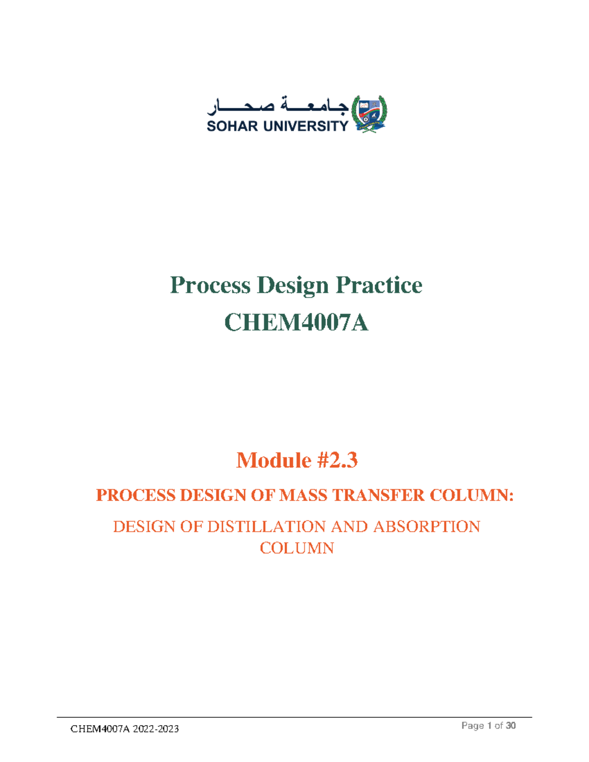 Detailed Engineering Design mod 2-3 - Process Design Practice CHEM4007A ...