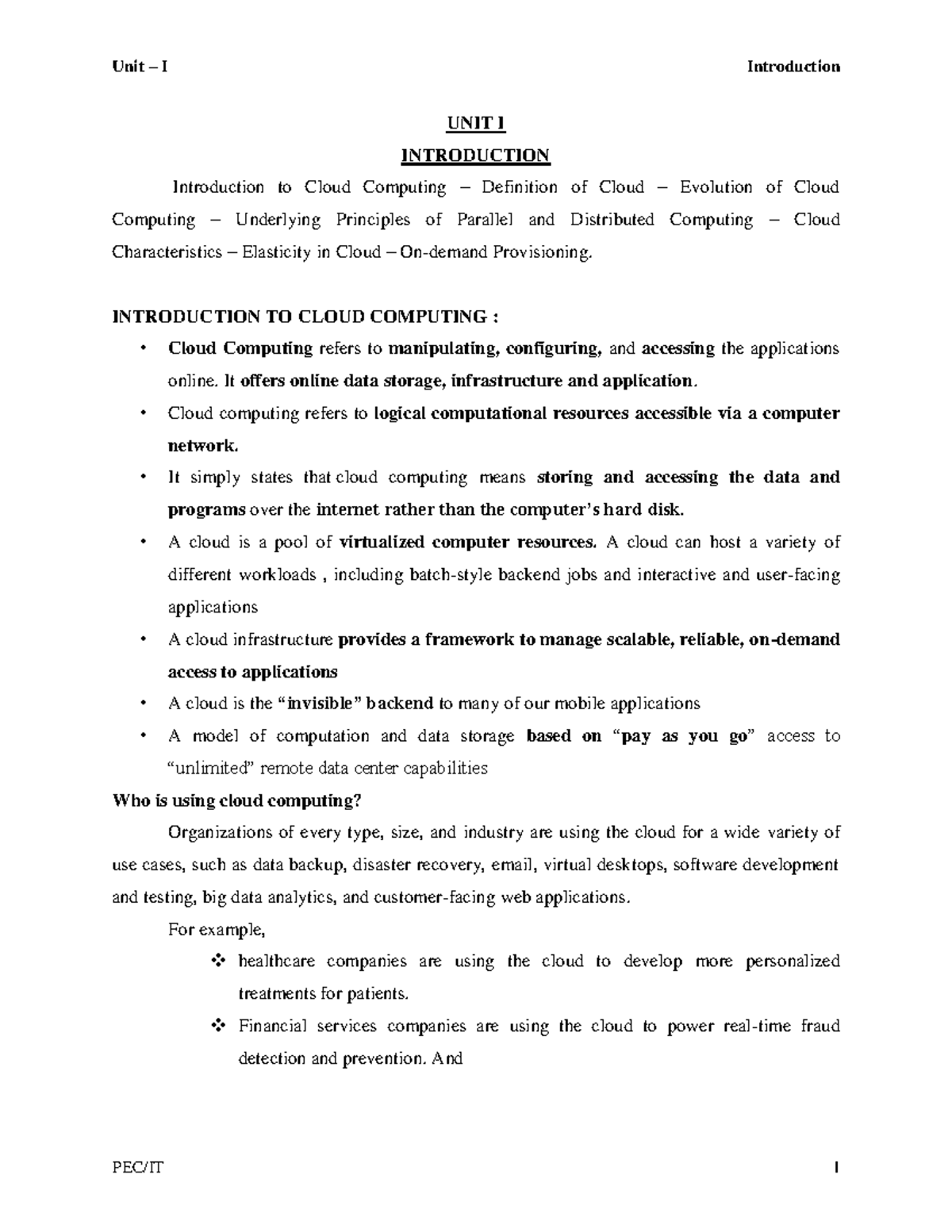 Cc Unit 1 Unit I Introduction Introduction To Cloud Computing Definition Of Cloud