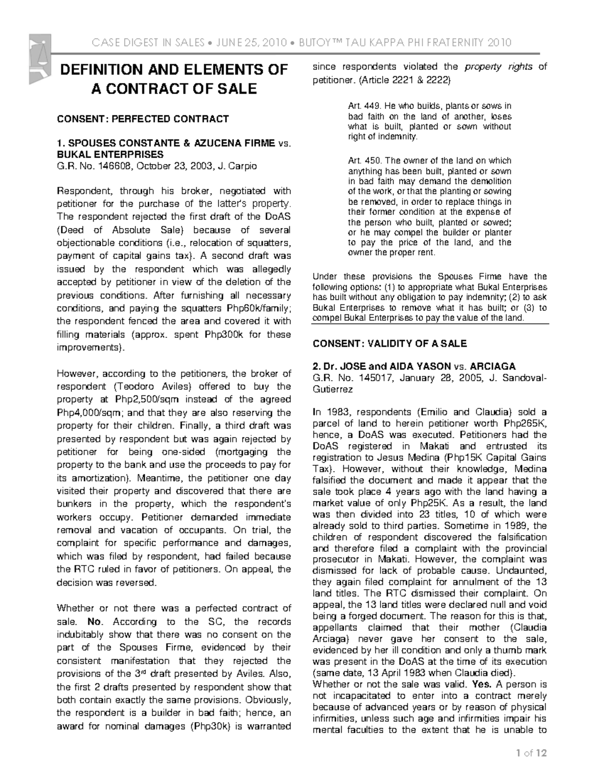 Sales Case Digest - DEFINITION AND ELEMENTS OF A CONTRACT OF SALE ...