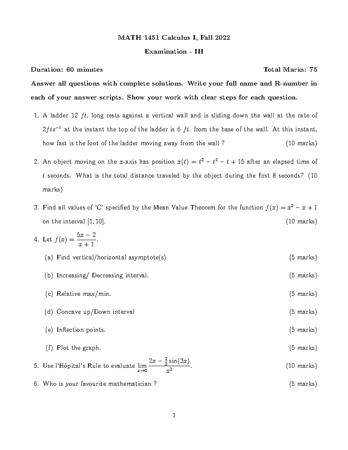 MATH 1451 EXAM-3 - MATH 1451 CALC -1 EXAM 3 - MATH 1451 Calculus I, Fall 2022 Examination - III ...