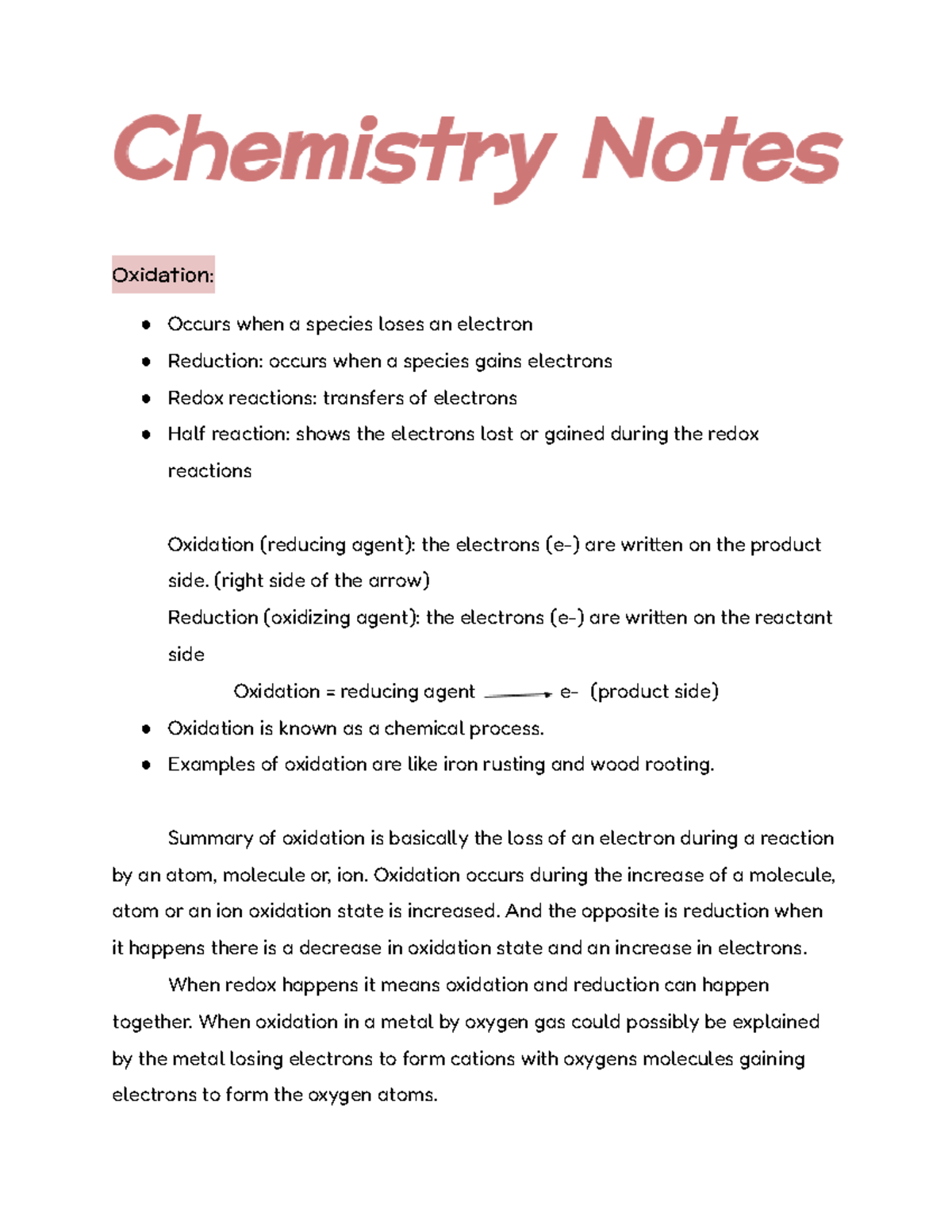 Chemistry notes oxidation - Oxidation: Occurs when a species loses an ...