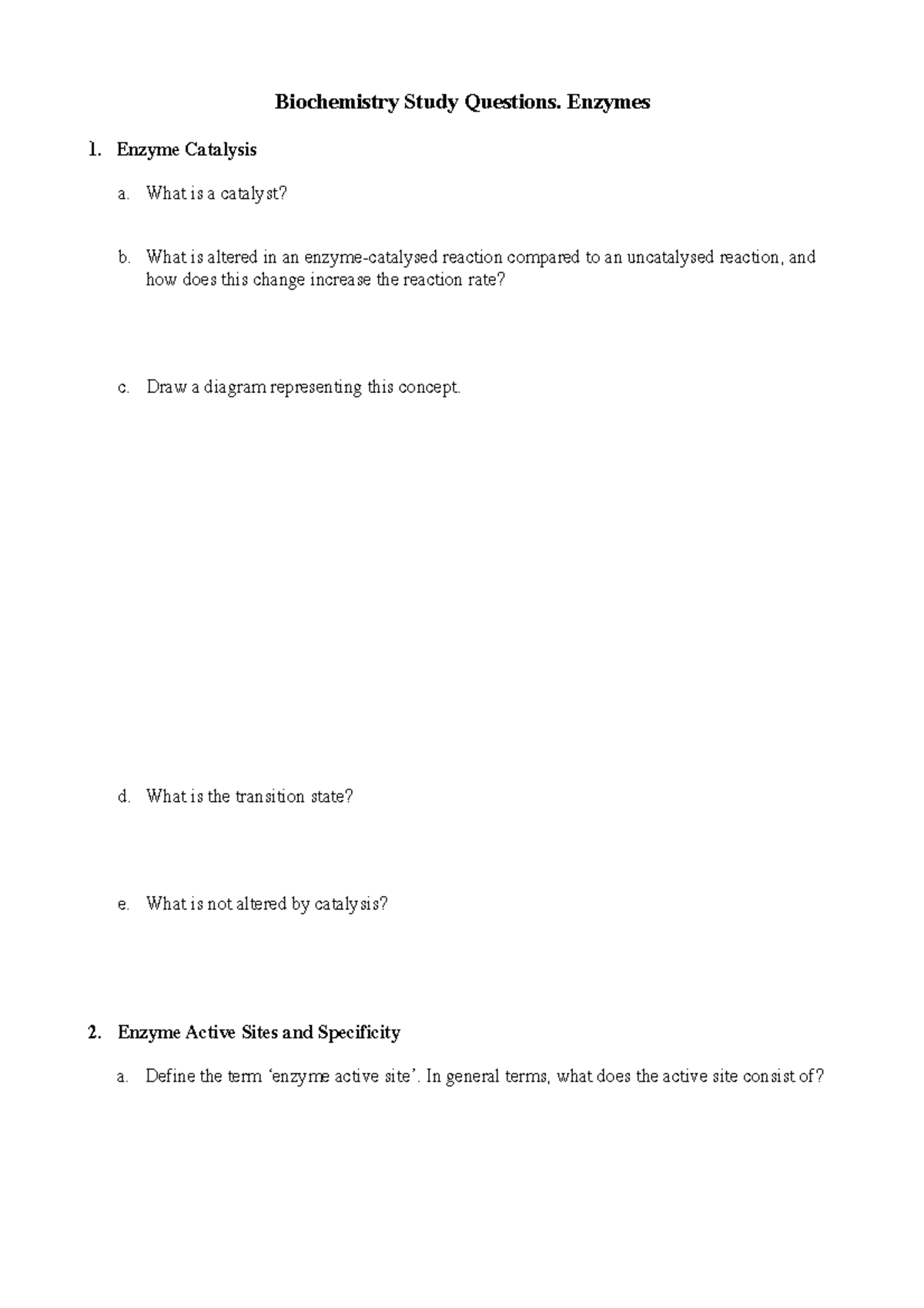 Lecture 5: Enzymes tutorial questions - Biochemistry Study Questions ...