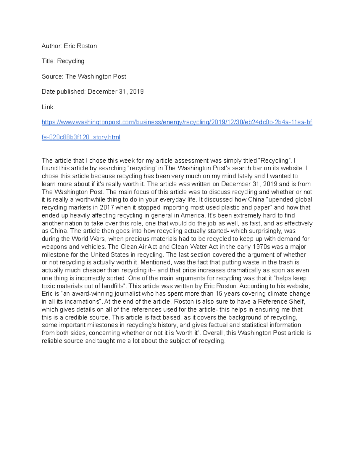 AA2 - Professor: Thea Whitman - Author: Eric Roston Title: Recycling ...