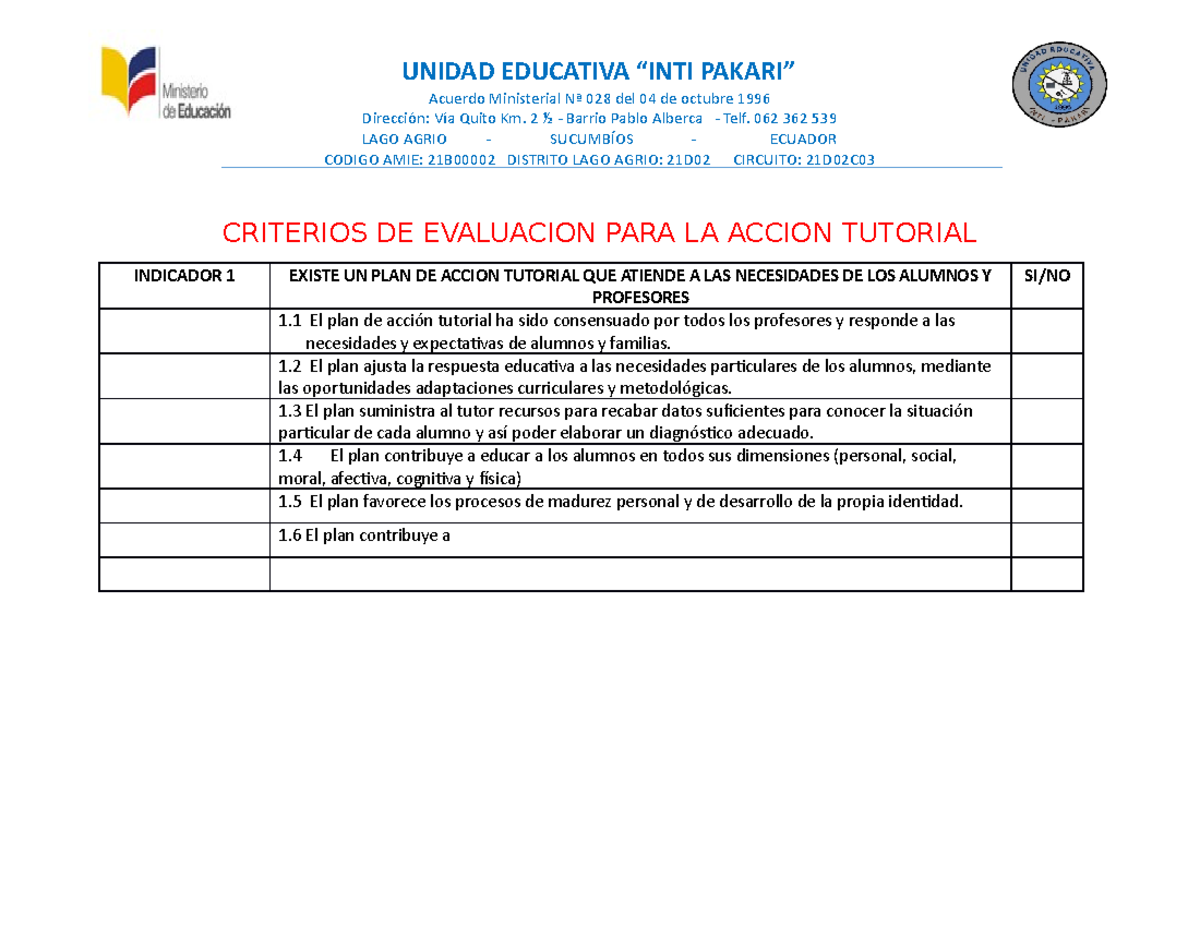 15. Criterios DE Evaluacion PARA LA Accion Tutorial - UNIDAD EDUCATIVA “INTI PAKARI” Acuerdo ...