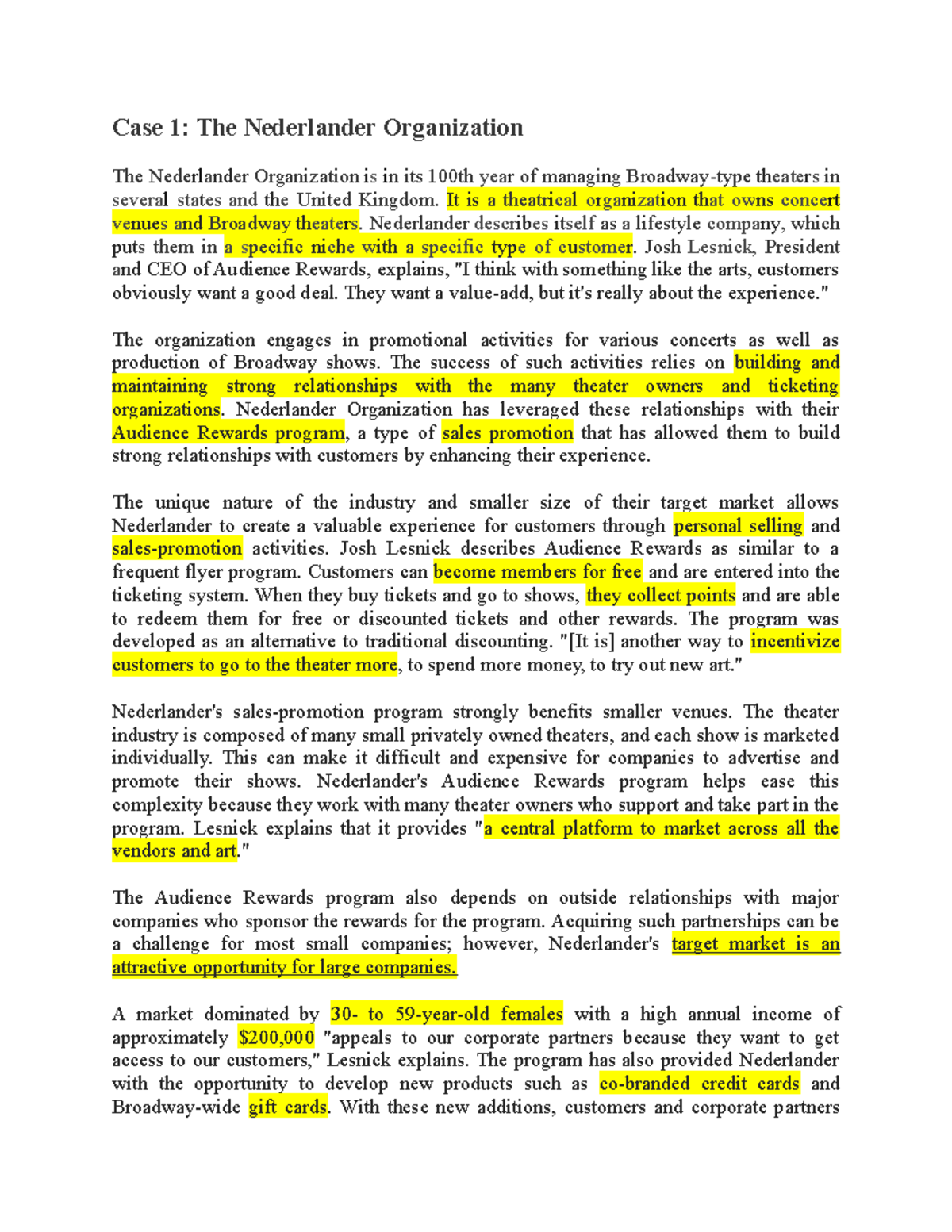 Cases with answers - wjndlkwnd - Case 1: The Nederlander Organization ...