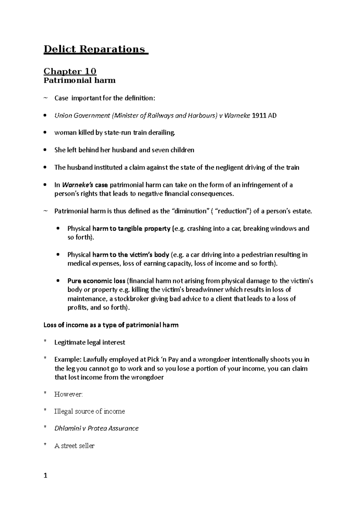 Delict Reparations - Delict Reparations Chapter 10 Patrimonial harm ...