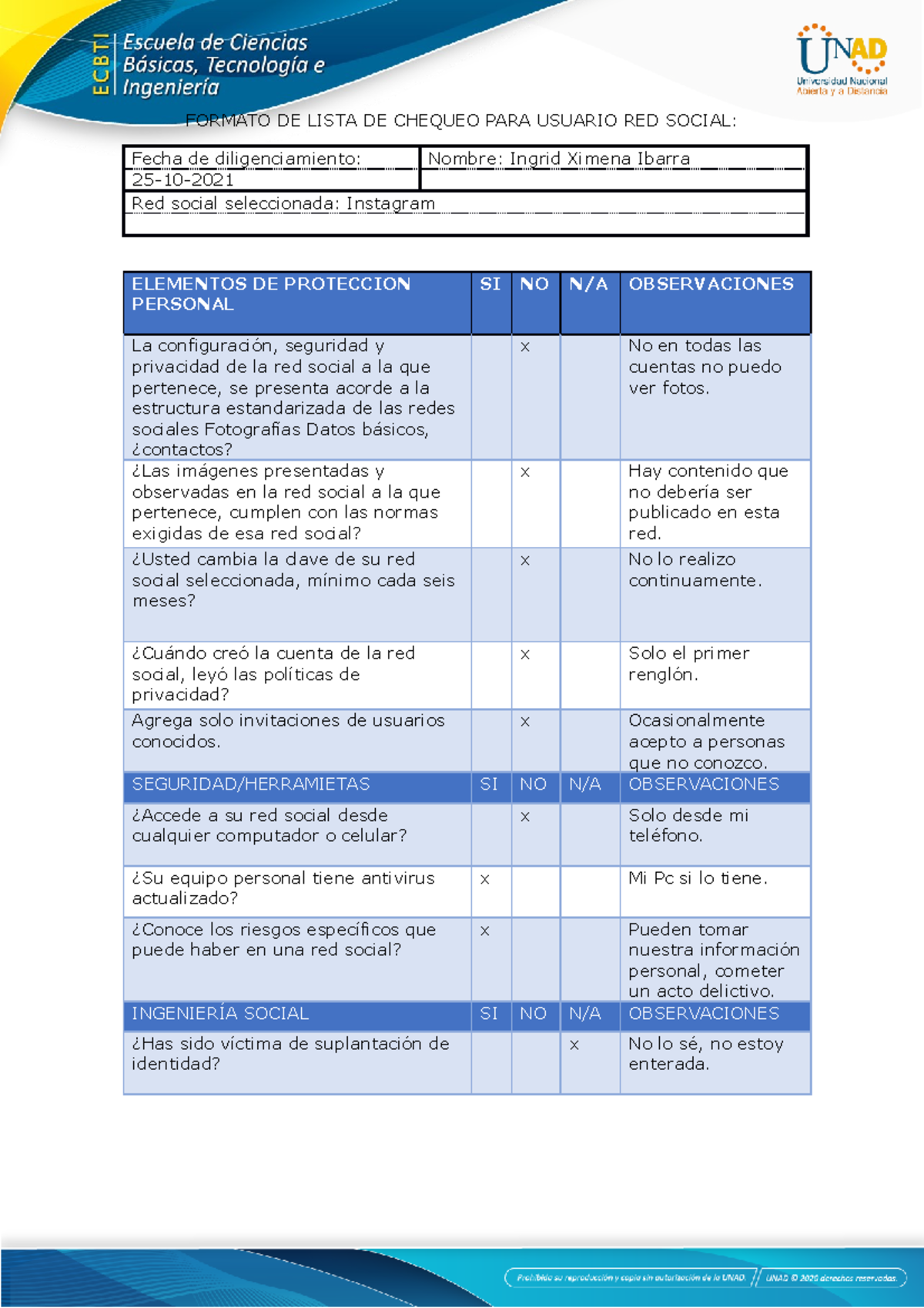 Anexo 3 Lista de chequeo - FORMATO DE LISTA DE CHEQUEO PARA USUARIO RED SOCIAL: Fecha de - Studocu