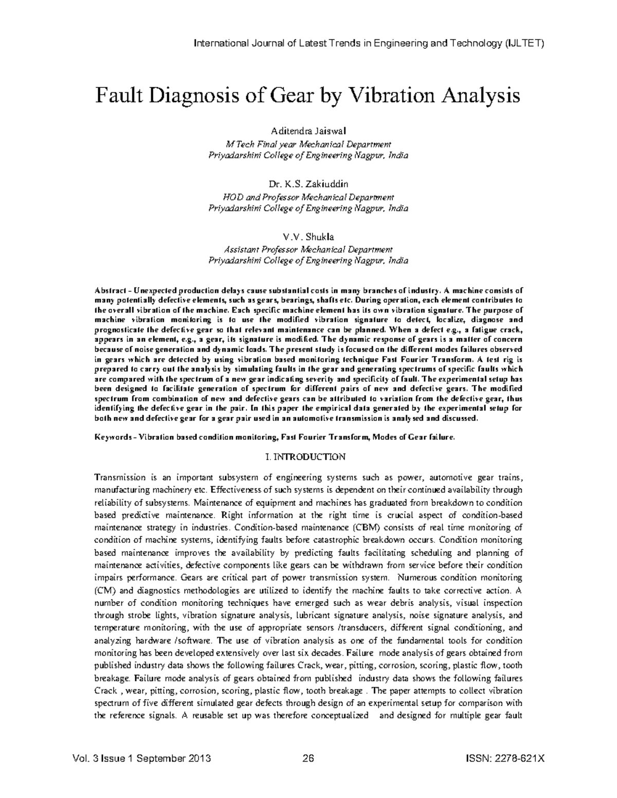 Fault Diagnosis of Gear by Vibration Ana - Fault Diagnosis of Gear by Vibration Analysis ...