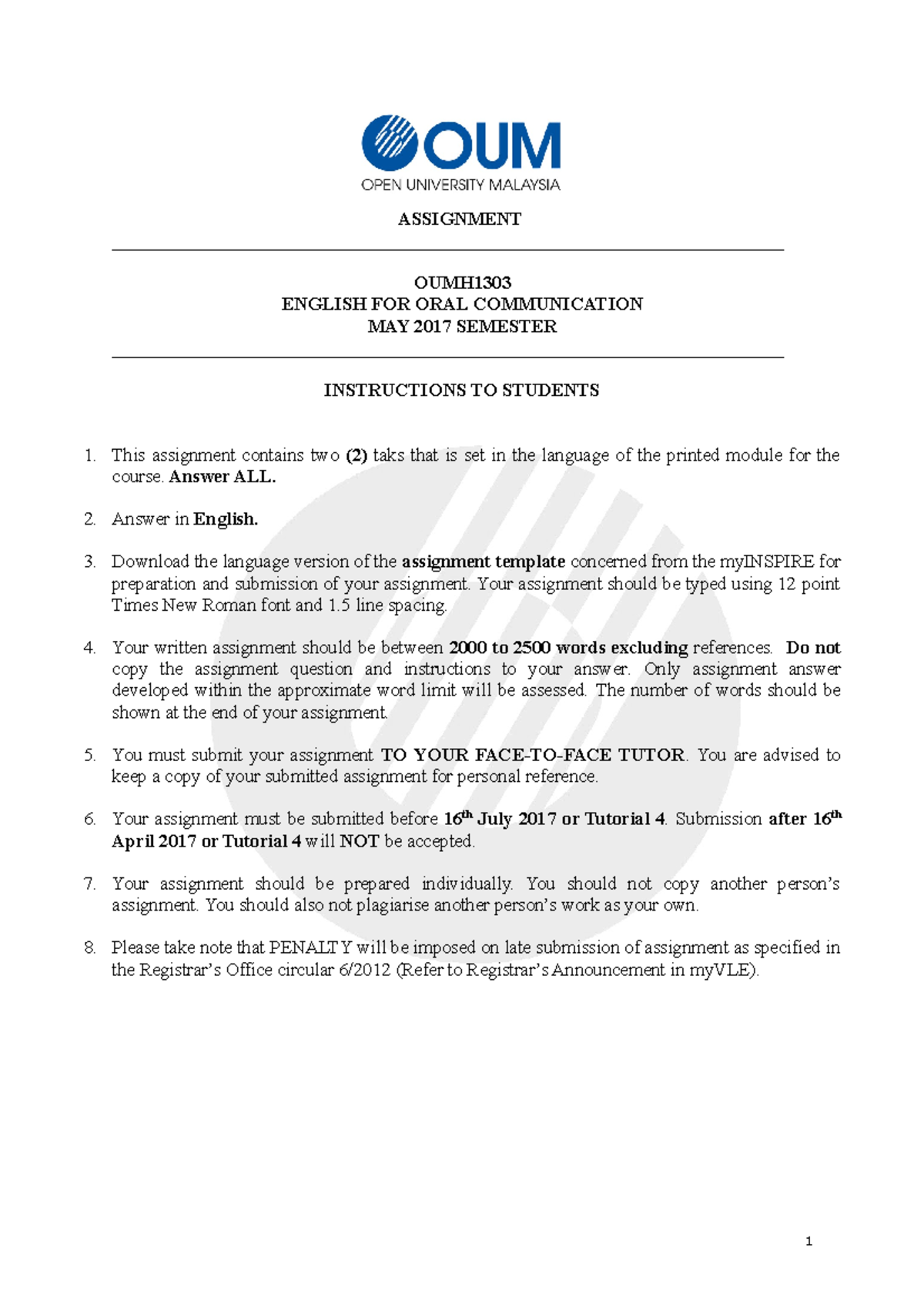 Assignment OUMH1303 English FOR ORAL COM - ASSIGNMENT - Studocu