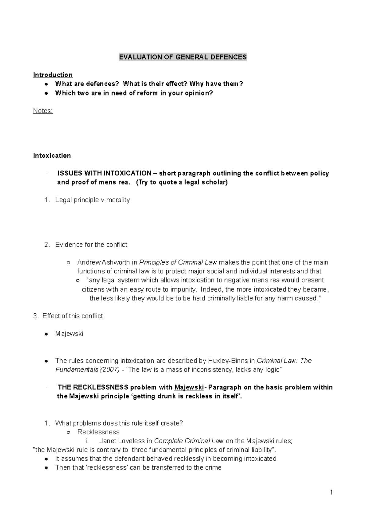 Defences Evalutation Answer Plan - EVALUATION OF GENERAL DEFENCES ...