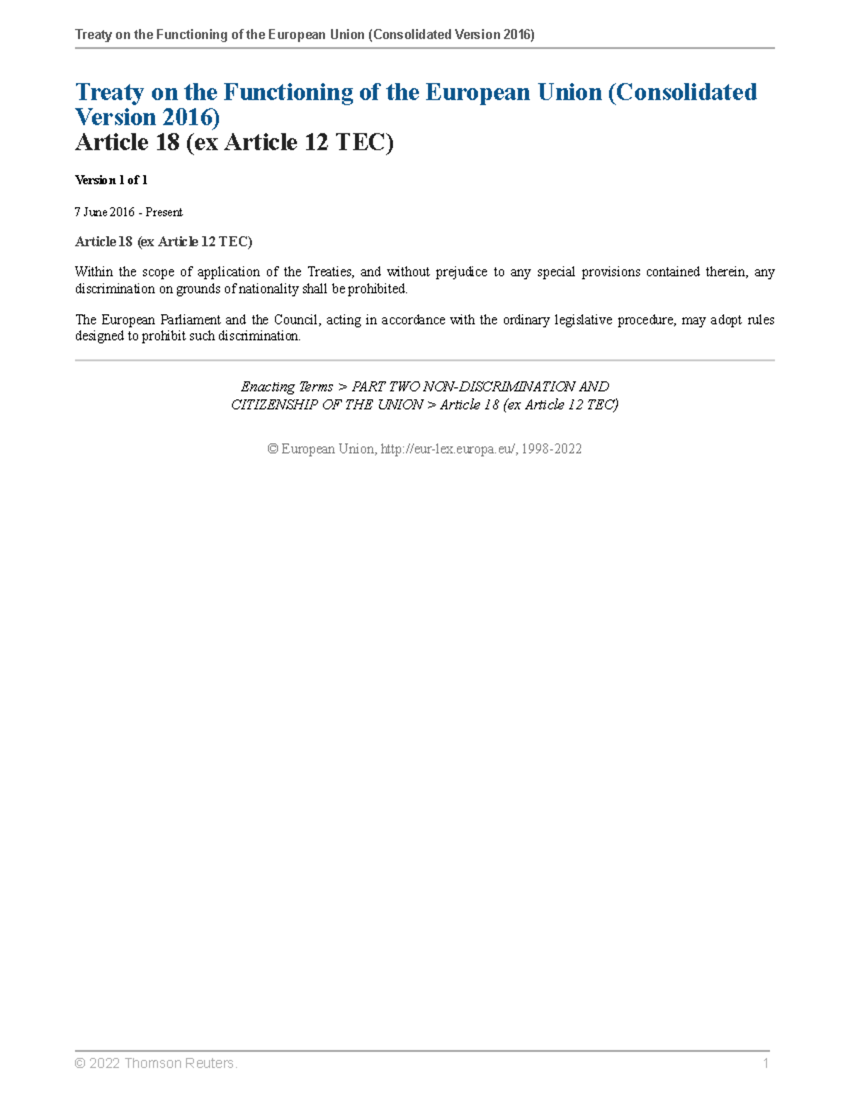 TFEU - ART 352, 114, 18 - TFEU the statute - EU law - Treaty on the ...