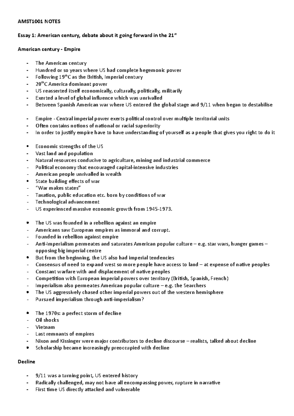 American studies summary notes under 2 topics for final exam - AMST1001 ...