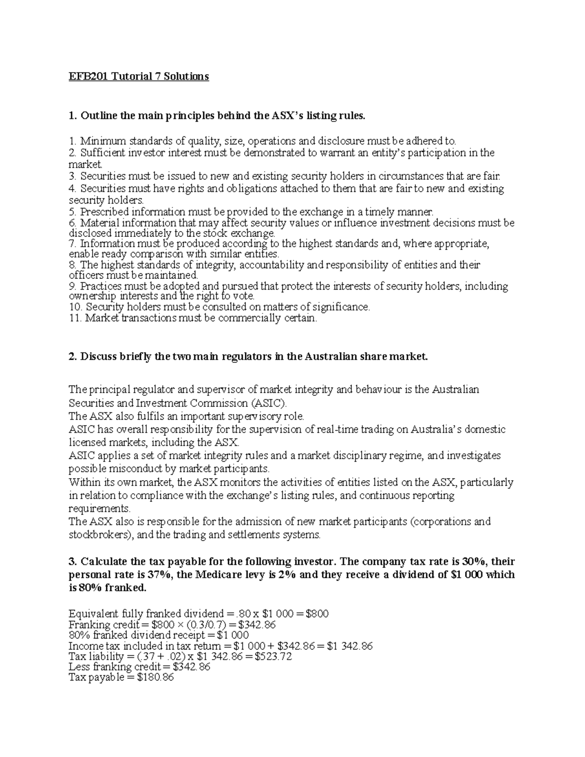 EFB201 Tutorial 7 Solutions - EFB201 Tutorial 7 Solutions Outline the ...
