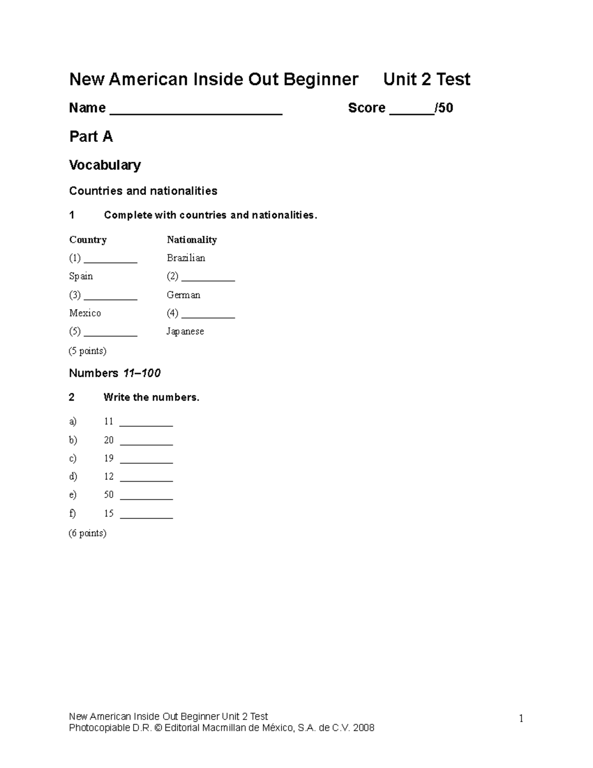 UNIT2 - test - New American Inside Out Beginner Unit 2 Test Name ...