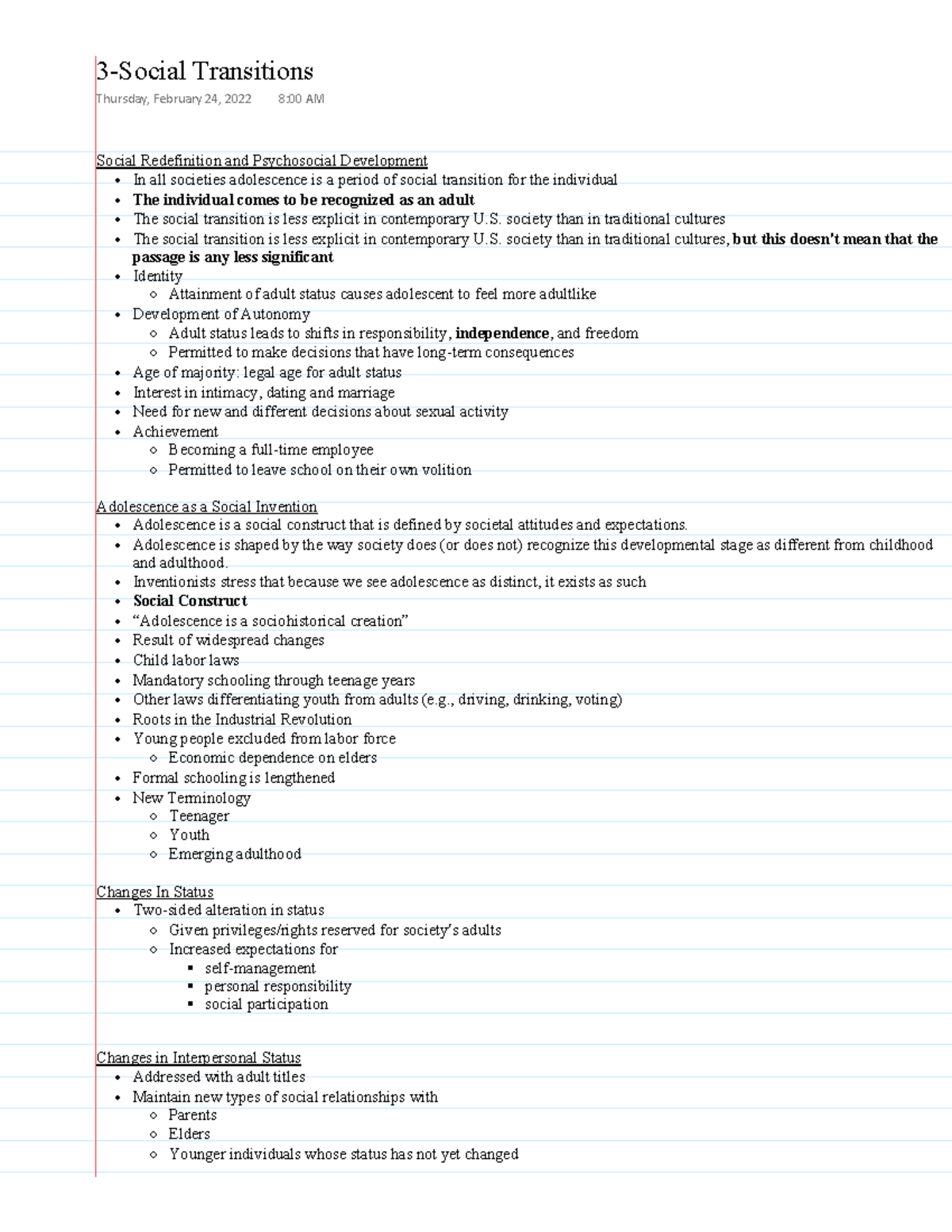 PSYCH 215-Adolescence Psychology Chapter 3 - Social Redefinition and Psychosocial Development ...