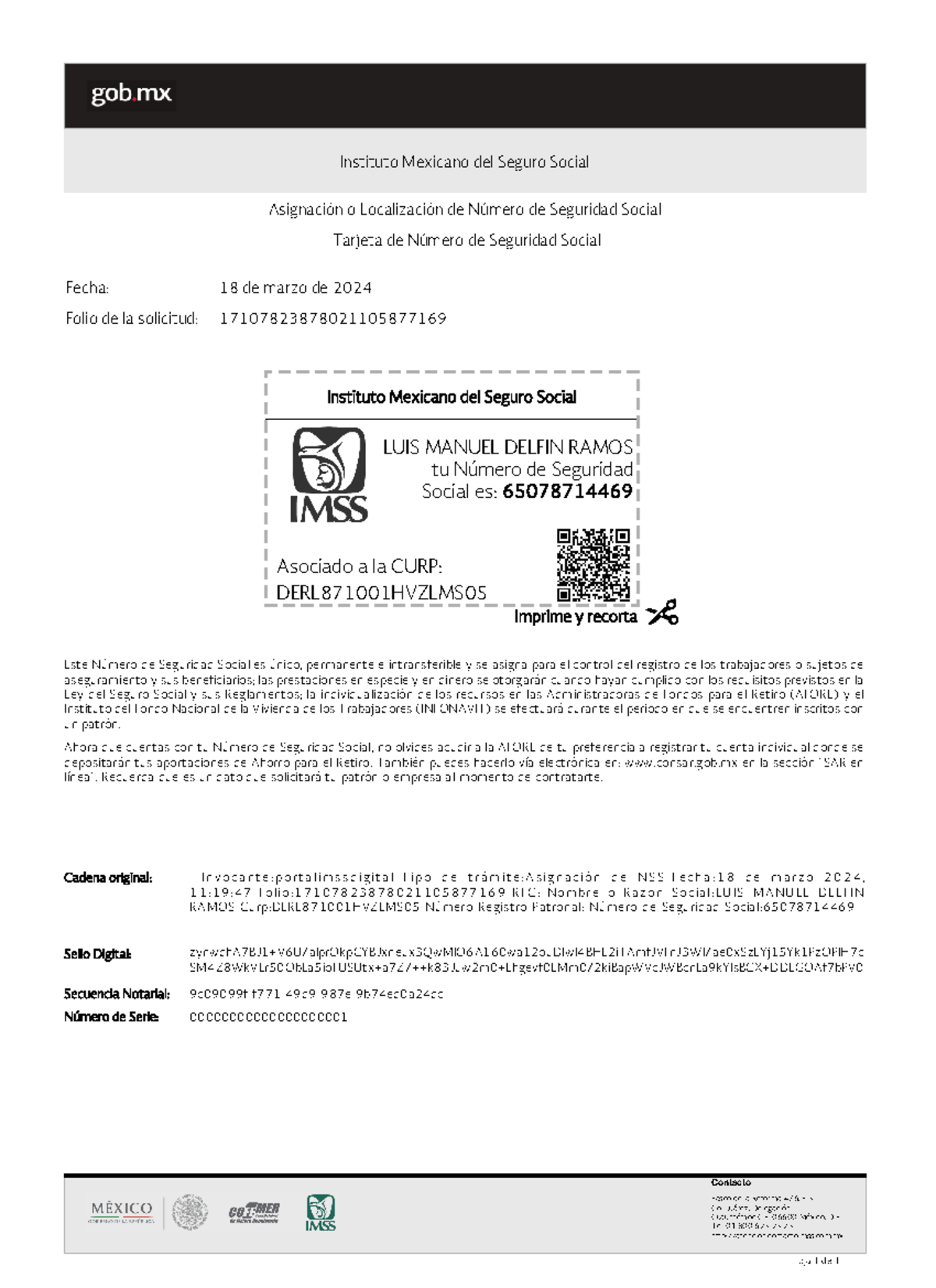 Tarjeta NSS - Imss - Instituto Mexicano del Seguro Social Asignación o ...