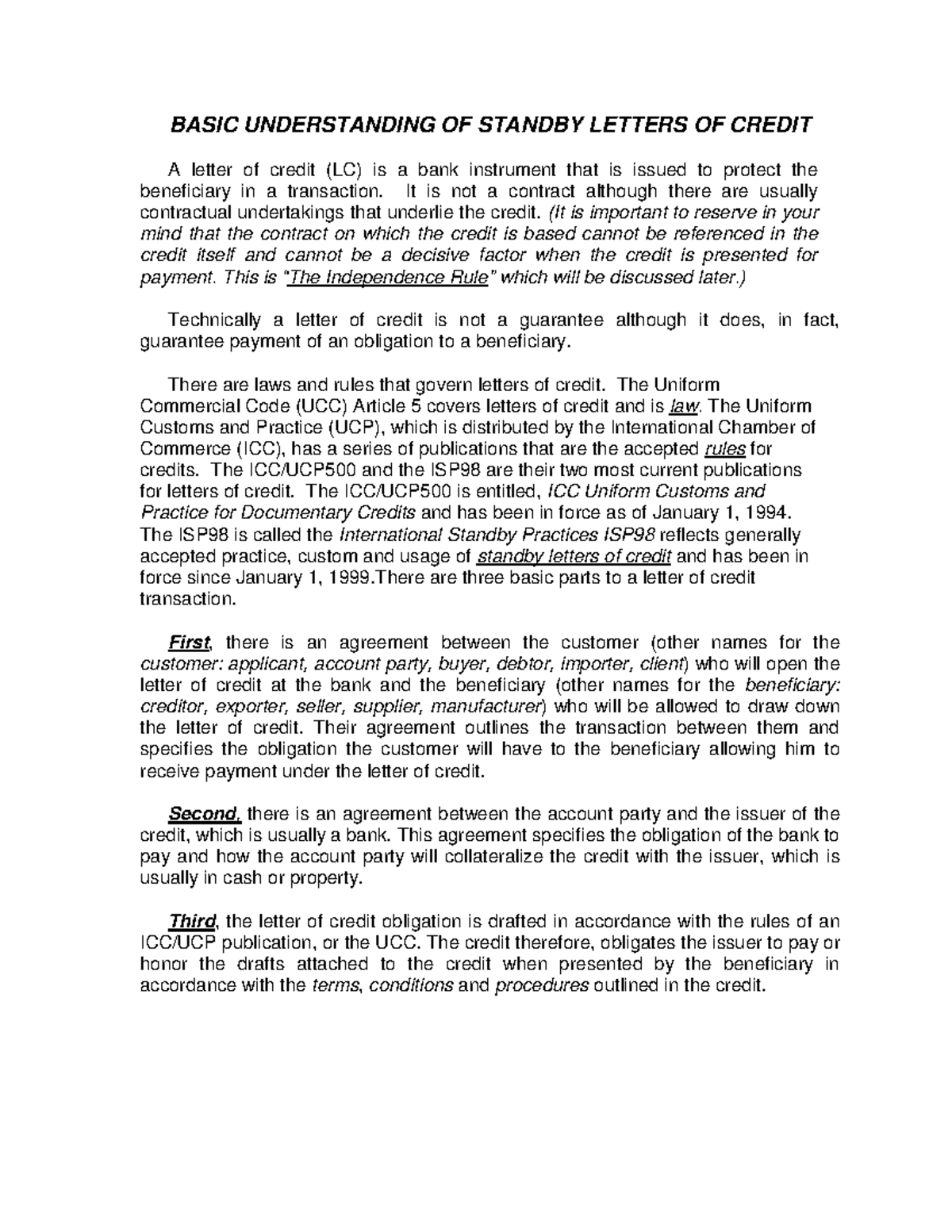 Basic Understanding of Standby Letters of Credit - BASIC UNDERSTANDING ...