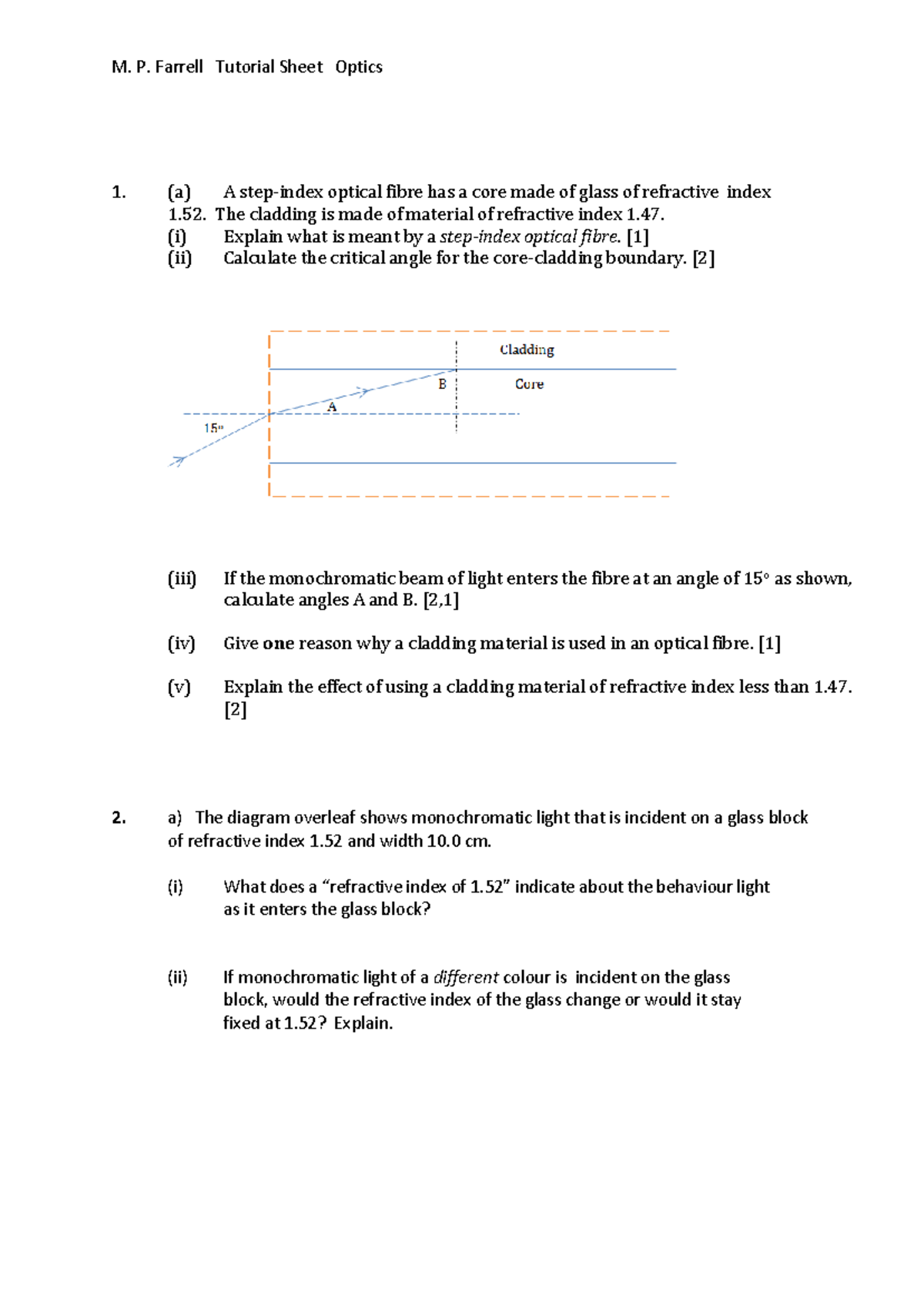 Optics tutorial sheet - M. P. Farrell Tutorial Sheet Optics (a) A step ...