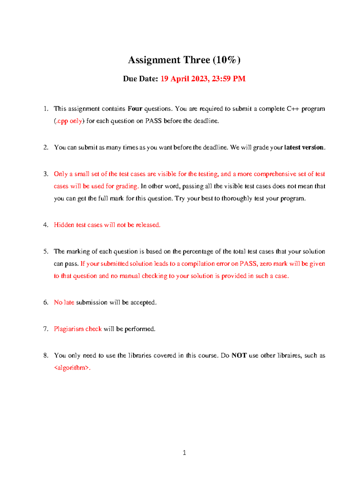 Assignment-3 - assignment 3 cs 2310 question only - Assignment Three (10%) Due Date: 19 April ...