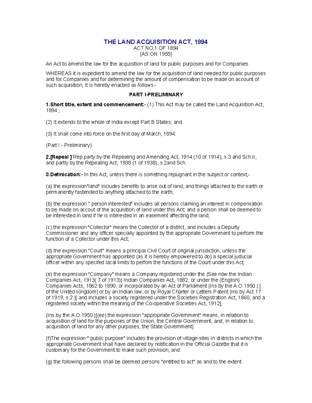Land acquisition act 1894 - THE LAND ACQUISITION ACT, 1894 ACT NO OF ...