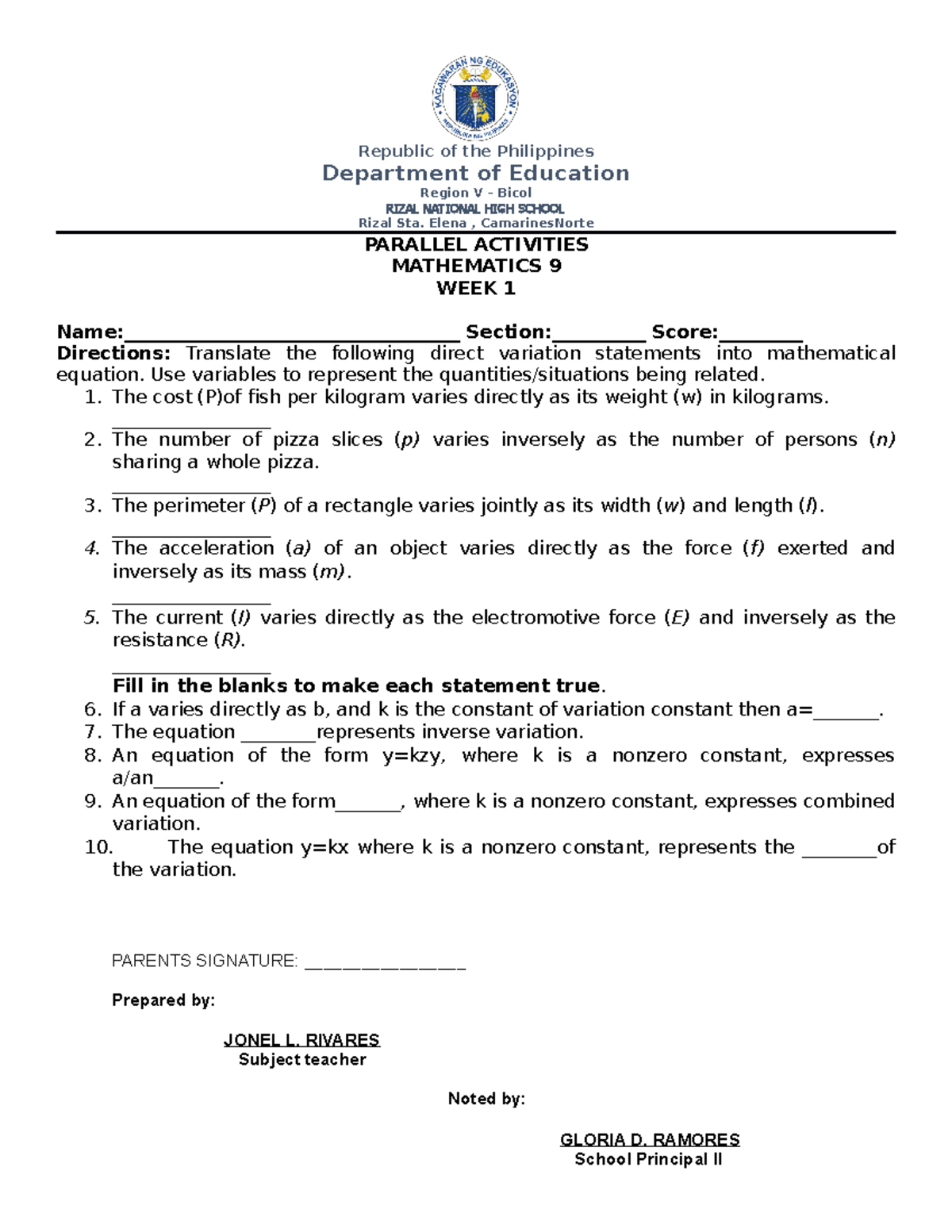 Math 9 - Republic of the Philippines Department of Education Region V ...