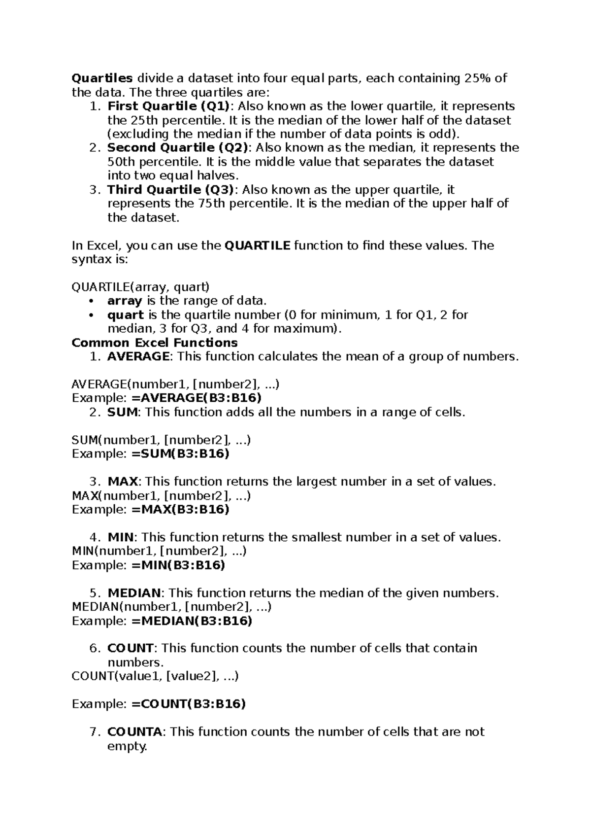 Notes FOR TEST - Quartiles divide a dataset into four equal parts, each ...