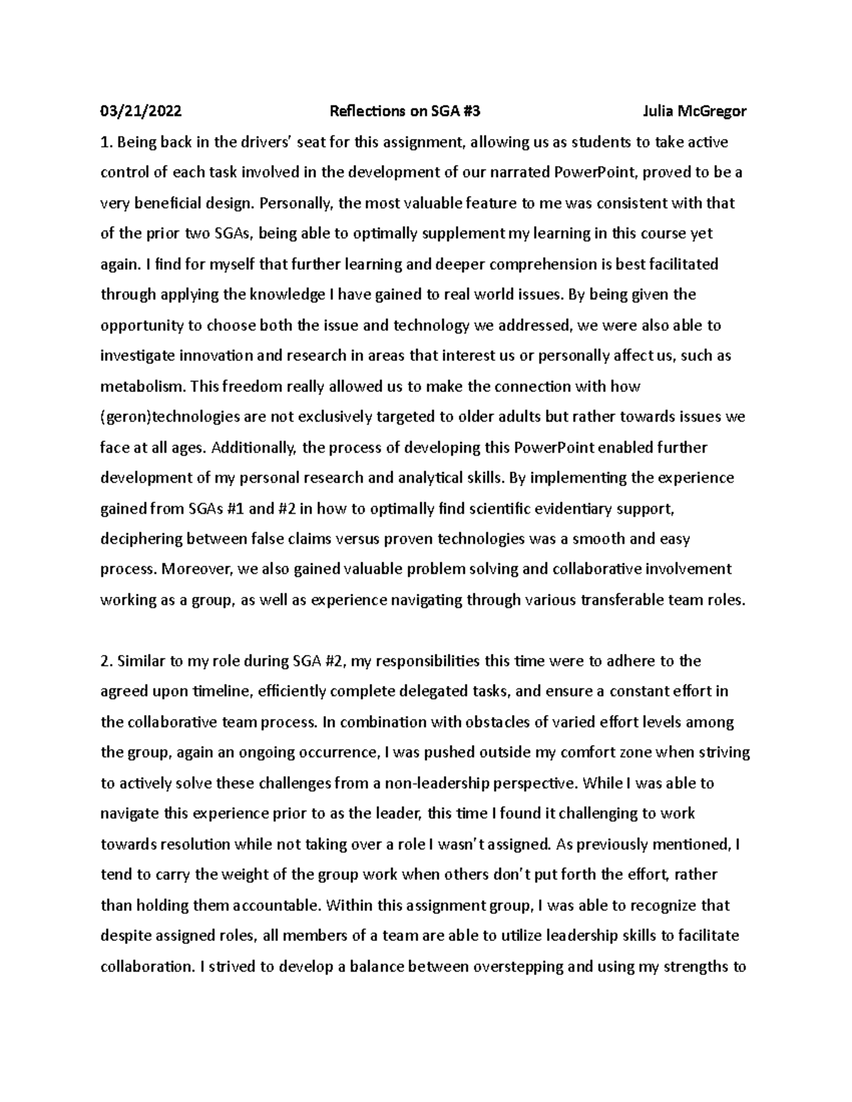 LISC385 Self-Reflection SGA 3 - 03/21/2022 Reflections on SGA #3 Julia McGregor Being back in ...
