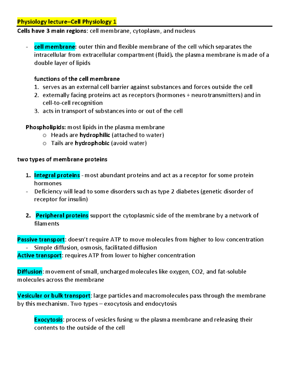 Physio Notes Exam 1 - Dr. Ahangari - Fall 2021. - Physiology ...