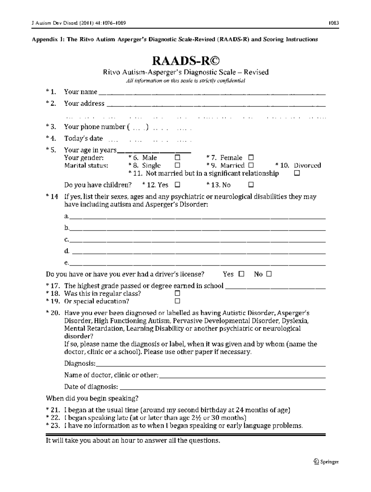 Raads R Autism Test - Appendix 1: The Ritvo Autism Asperger’s ...