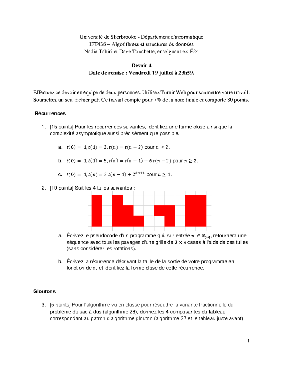 Devoir 4-S24 - 1 Université de Sherbrooke - Département d'informatique IFT436 – Algorithmes et ...
