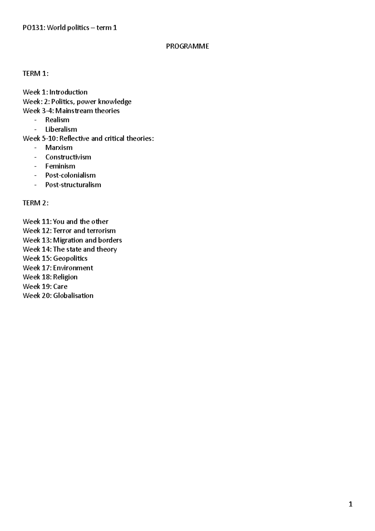 PO131 - term1 - Lecture notes term 1 - PROGRAMME TERM 1: Week 1 ...