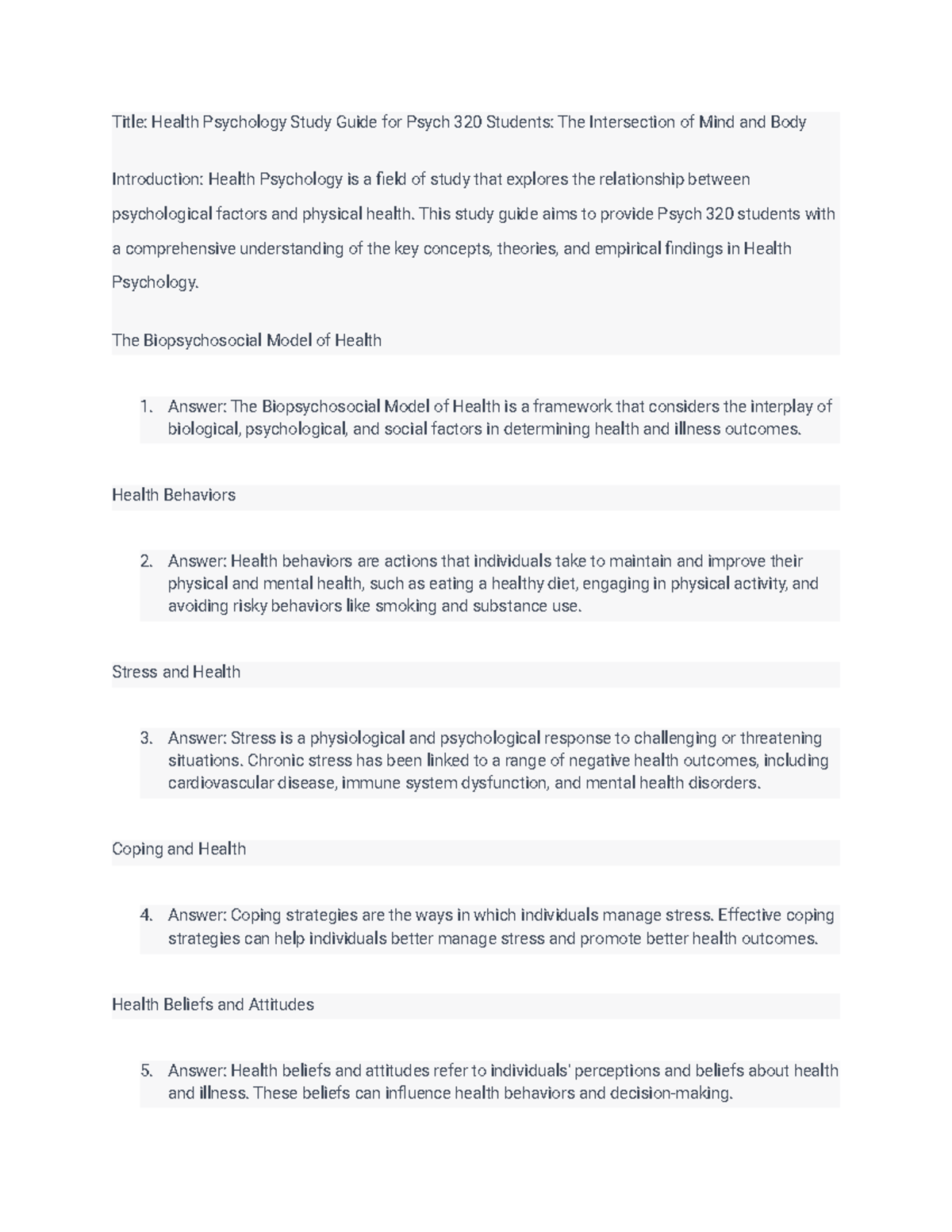 Title Health Psychology Study Guide for Psych 320 Students The ...