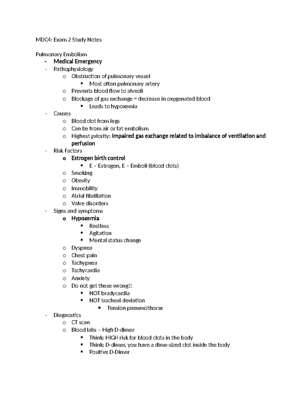 MDC4 Exam 2 Study Notes - MDC4: Exam 2 Study Notes Pulmonary Embolism ...