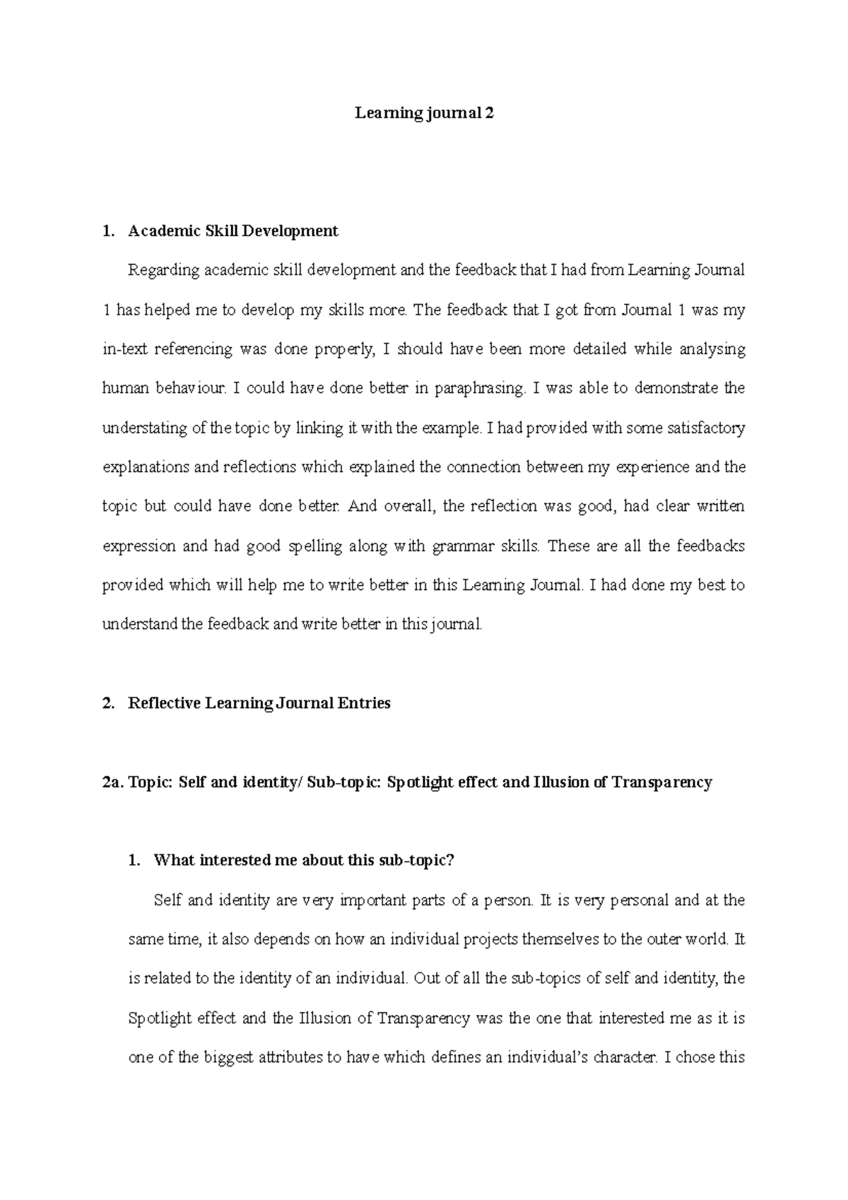 Reflection 2 - assessment - Learning journal 2 Academic Skill ...