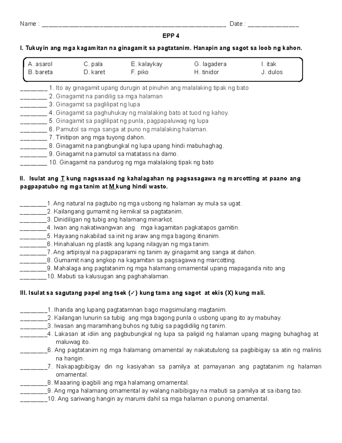 Pagtatanim - summative test - Name
