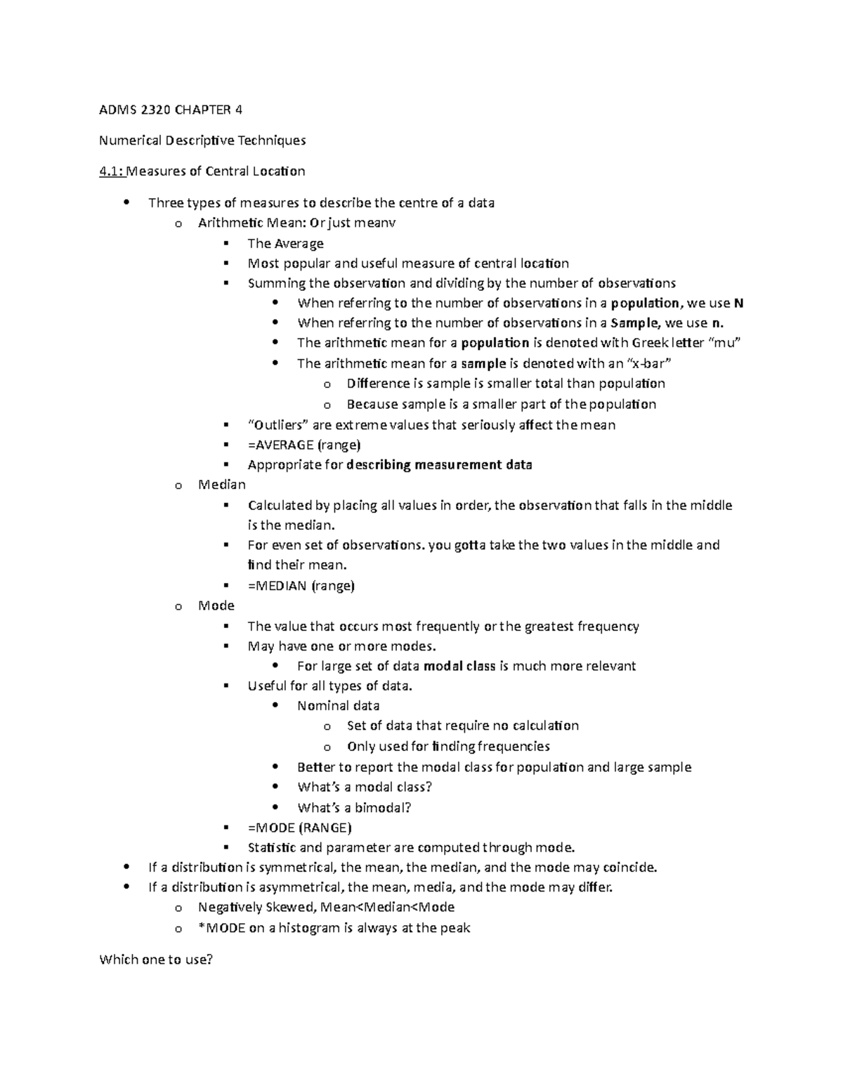 ADMS 2320 Chapter 4 - ADMS 2320 CHAPTER 4 Numerical Descriptive ...