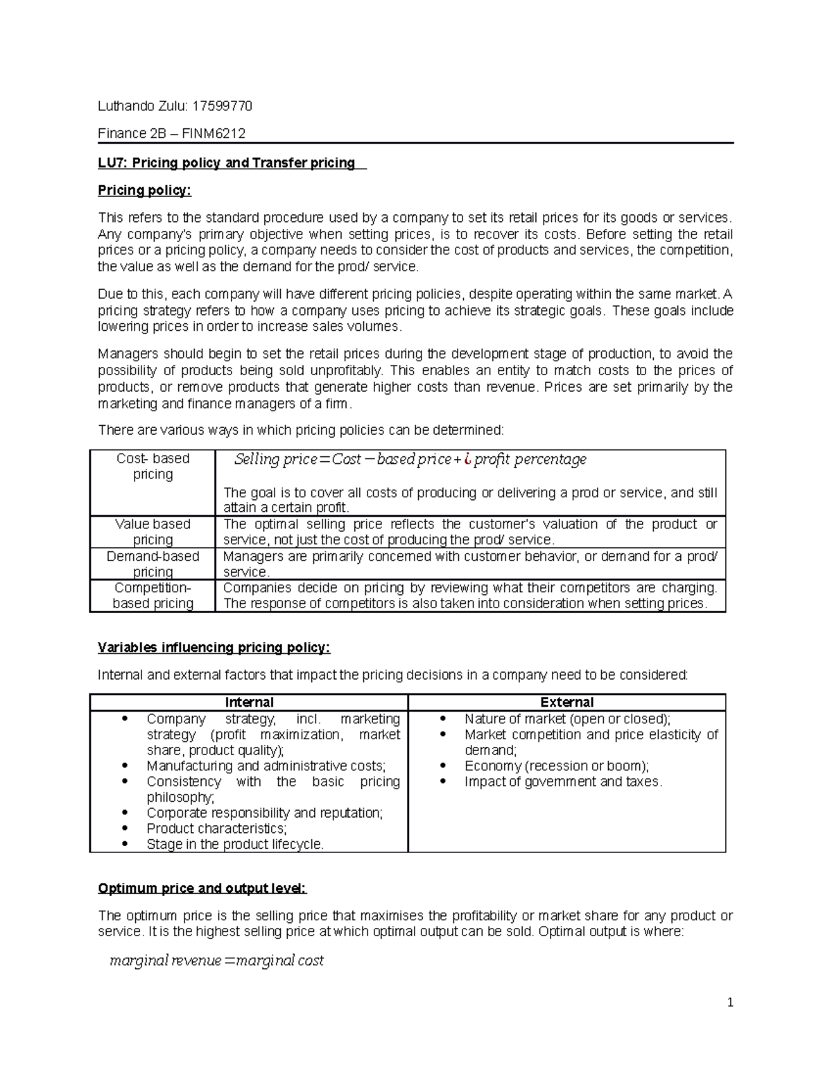 LU7 - Summary of LU7 - Luthando Zulu: 17599770 Finance 2B – FINM LU7 ...