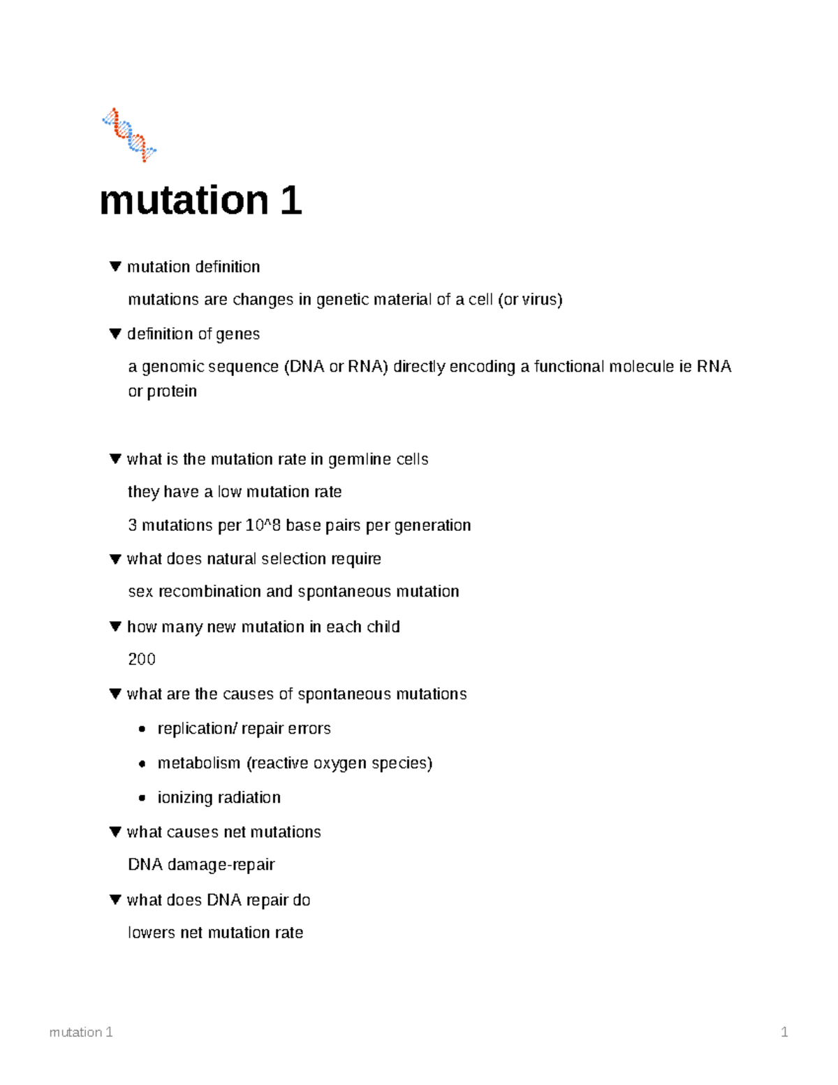 Mutation 1 - Lecture notes 1 - BIOL2039 - Studocu