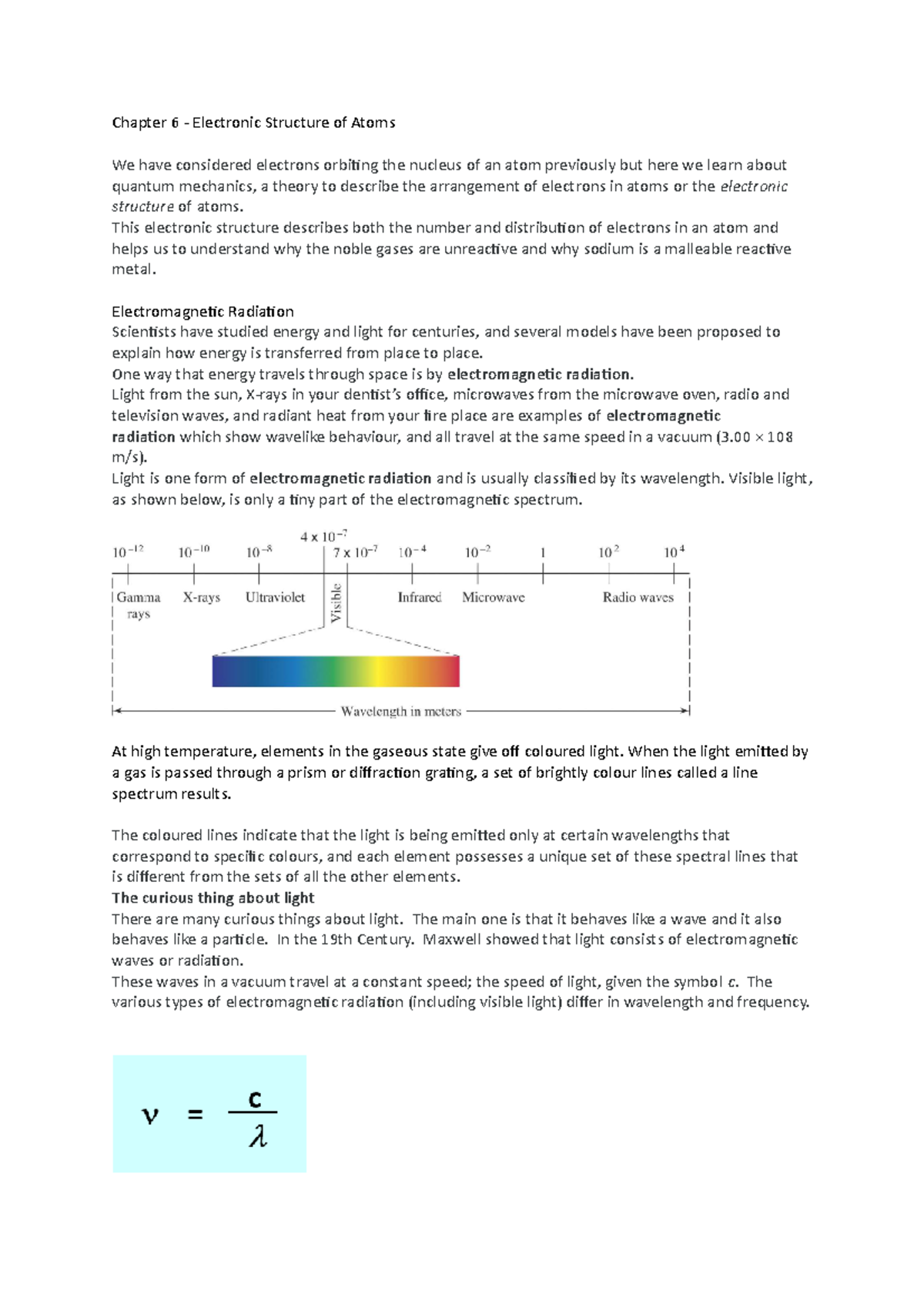Lecture - Week 5 Notes - Chapter 6 Electronic Structure of Atoms We ...
