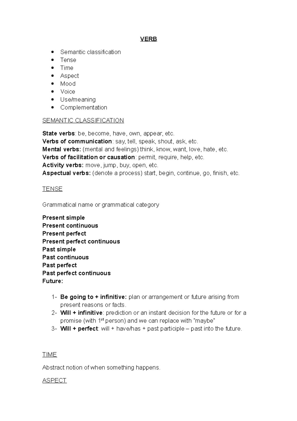 VERB Summary - Apunte sobre verbos - Gramática Española - UNPSJB - StuDocu