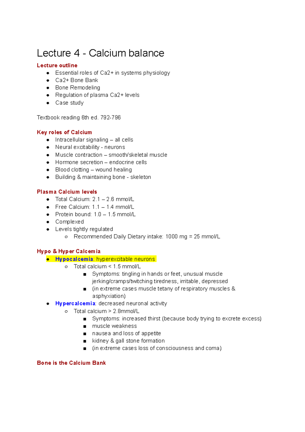 PSL300 UTSG Part1 Endocrinology Lecture 4 - Calcium balance - Lecture 4 ...