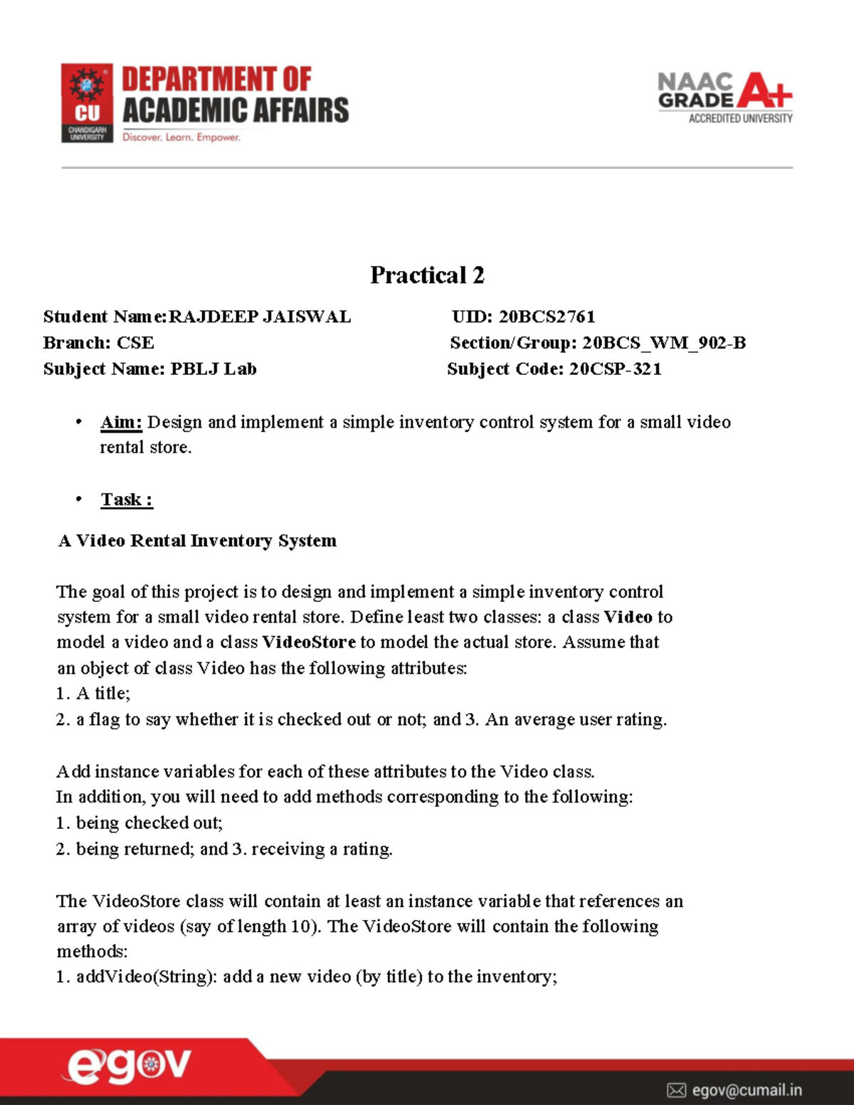 JAVA 2 - Worksheets - Practical 2 Student Name:RAJDEEP JAISWAL UID: 20BCS Branch: CSE Section ...