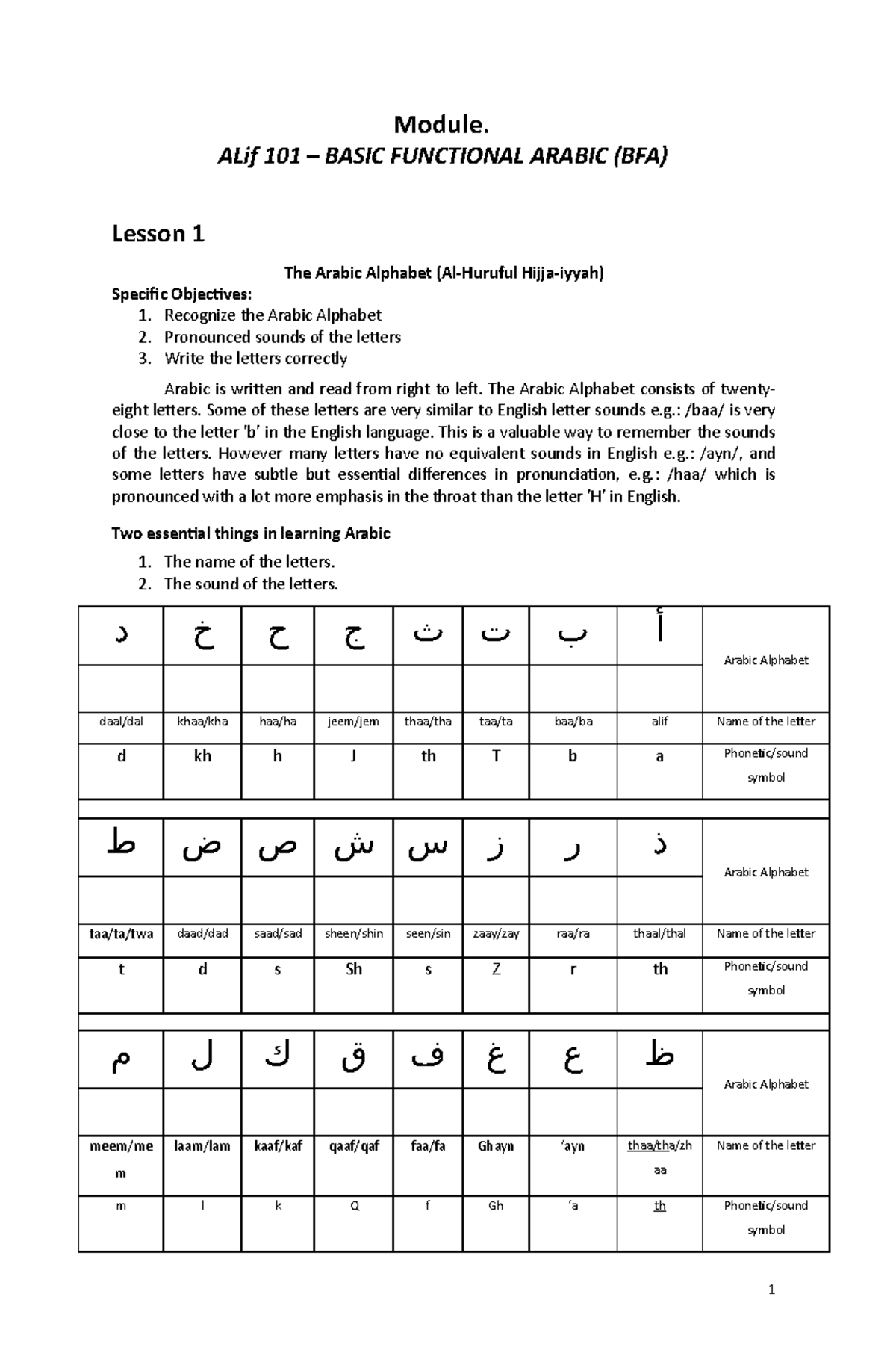 Module-AL-111 - Communication Skills in Arabic Language - Module. ALif 101 – BASIC FUNCTIONAL ...