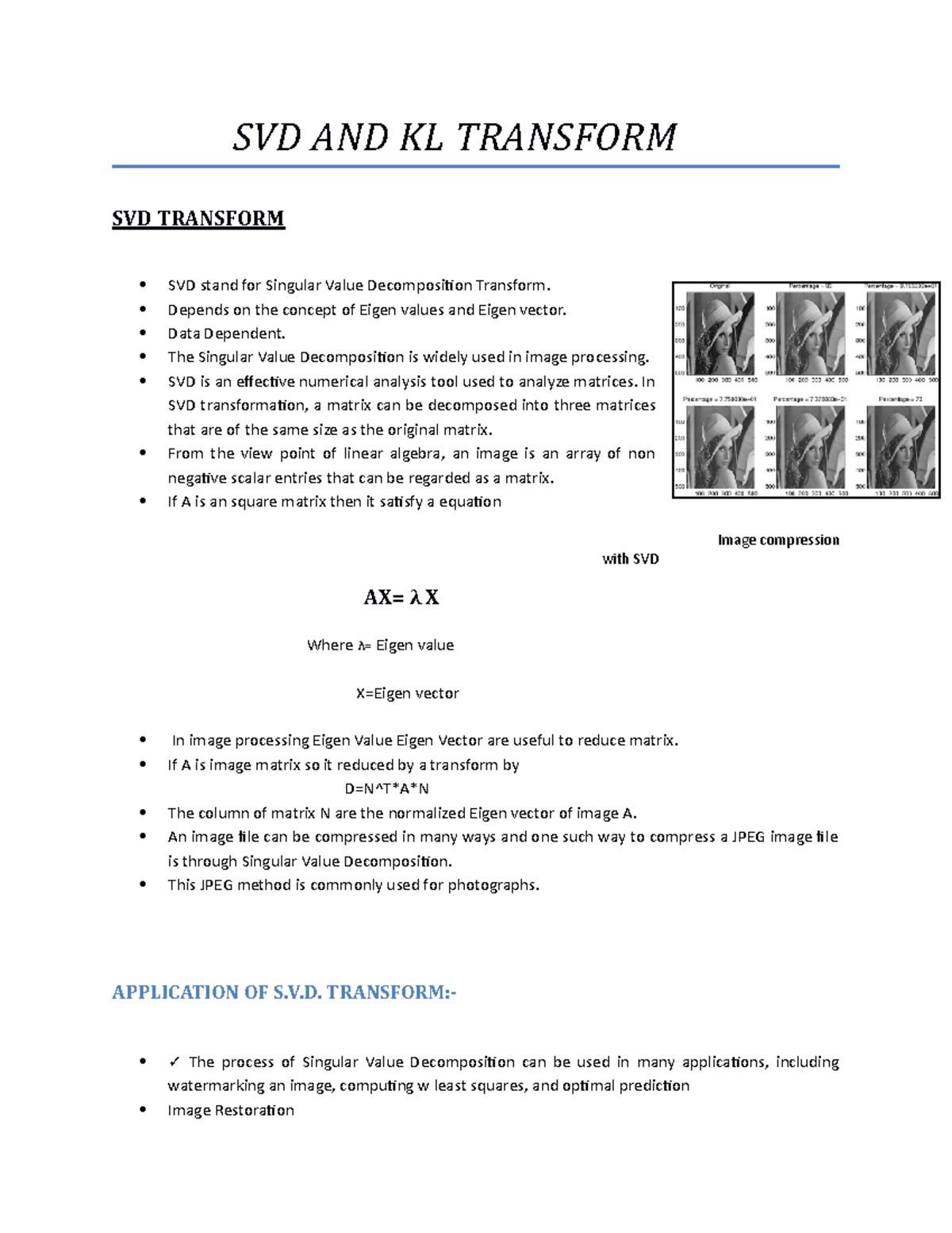 SVD AND KL Transform-1 - SVD AND KL TRANSFORM SVD TRANSFORM SVD stand ...