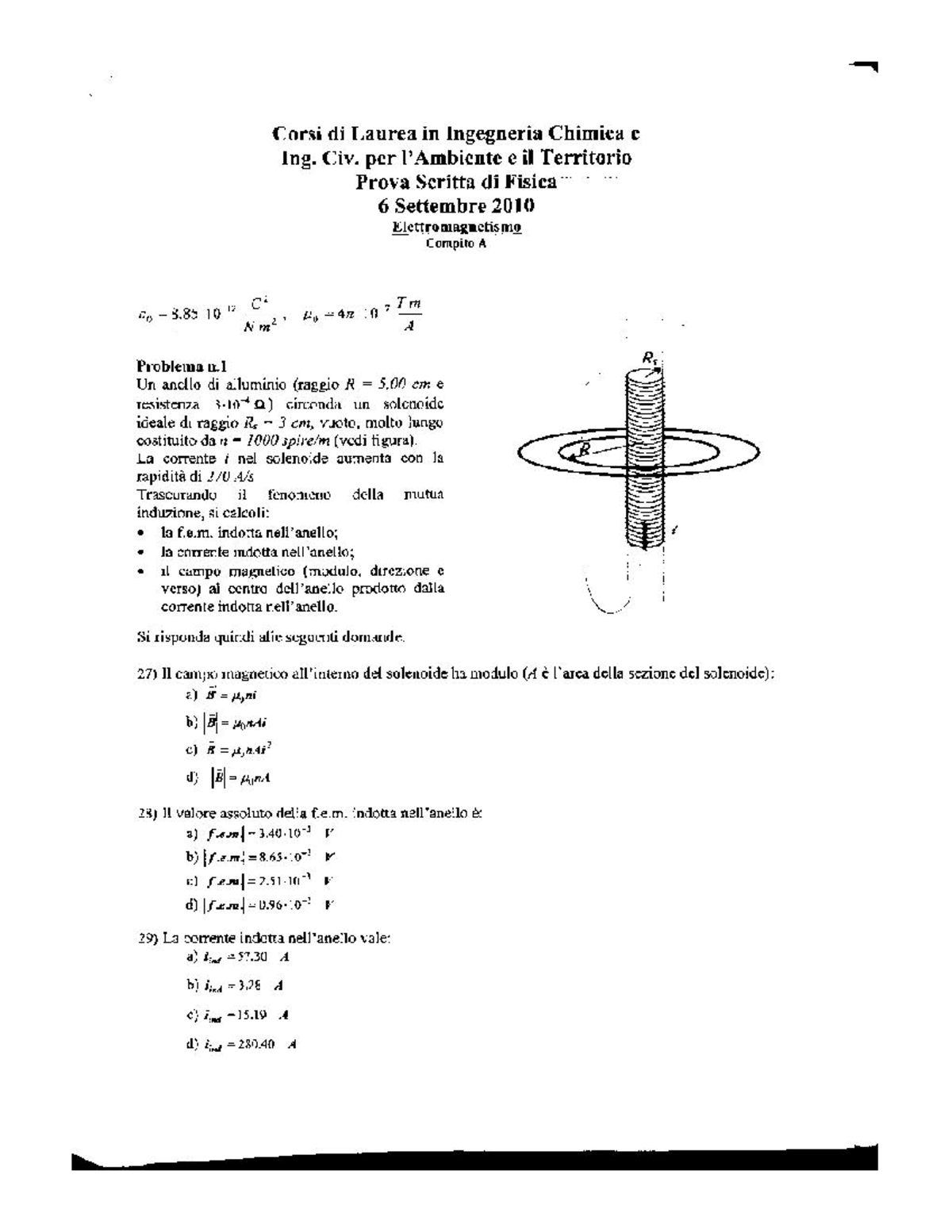 Prova d'esame di fisica su elettromagnetismo- Ing. chimica e ing. civile per l'Ambiente e il ...