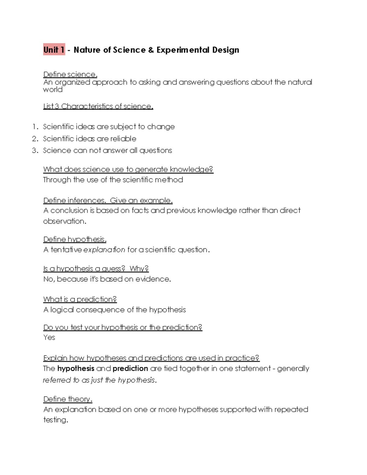 11th Grade Biology Year 1 - Unit 1 - Unit 1 - Nature of Science ...