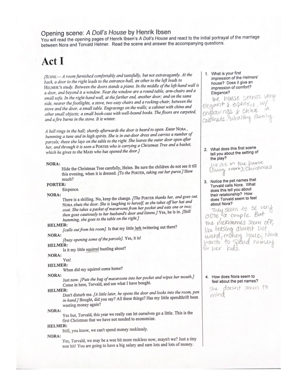 Act I - A Doll's House Assignment - Studocu